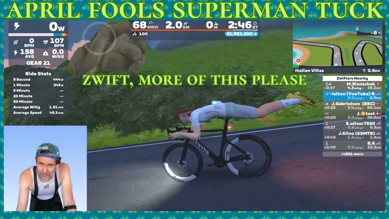April Fools Superman Tucking Before Riding Stage 3 of Zwift Big Spin ...