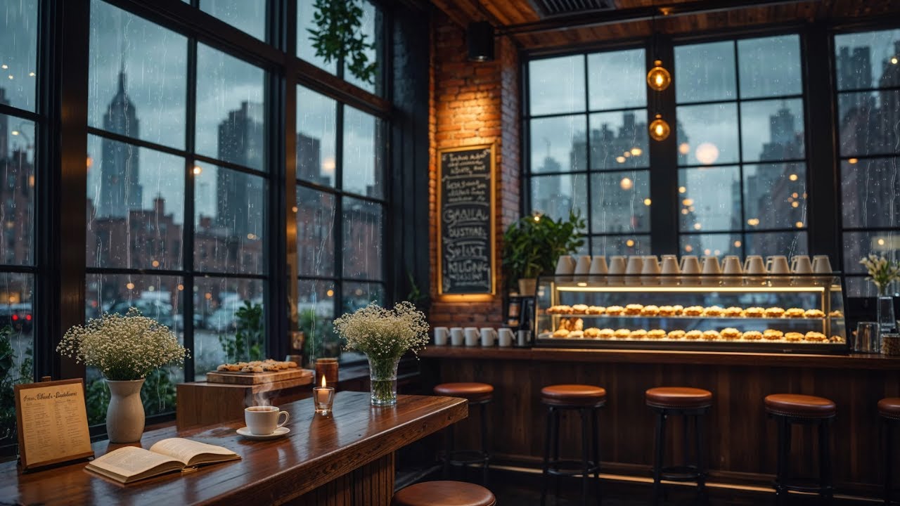 Rainy City Coffee Shop Ambience ☕Cozy Morning Storm | Calming Ambient ...