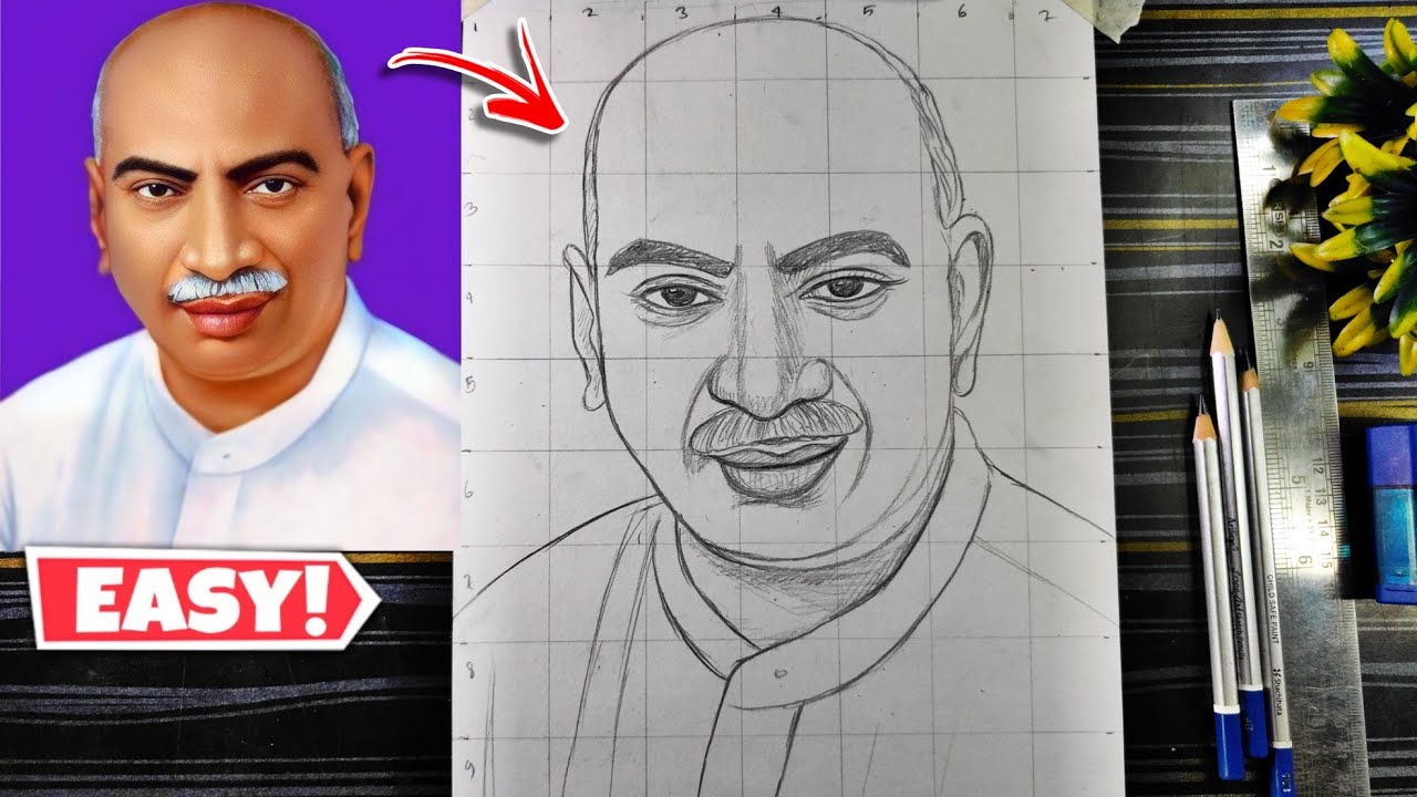 K. Kamarajar Drawing Outline With Grid Method, How to draw K.kamarajar ...