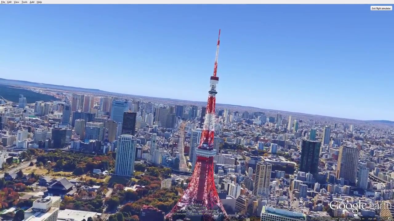 Google Earth Flight simulator Flying around Tokyo Japan. - YouTube