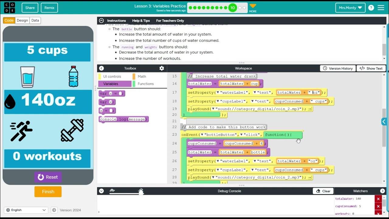 Code.org Computer Science Principles Unit 4: Lesson 3 - Part 2 - Variables Practice - YouTube