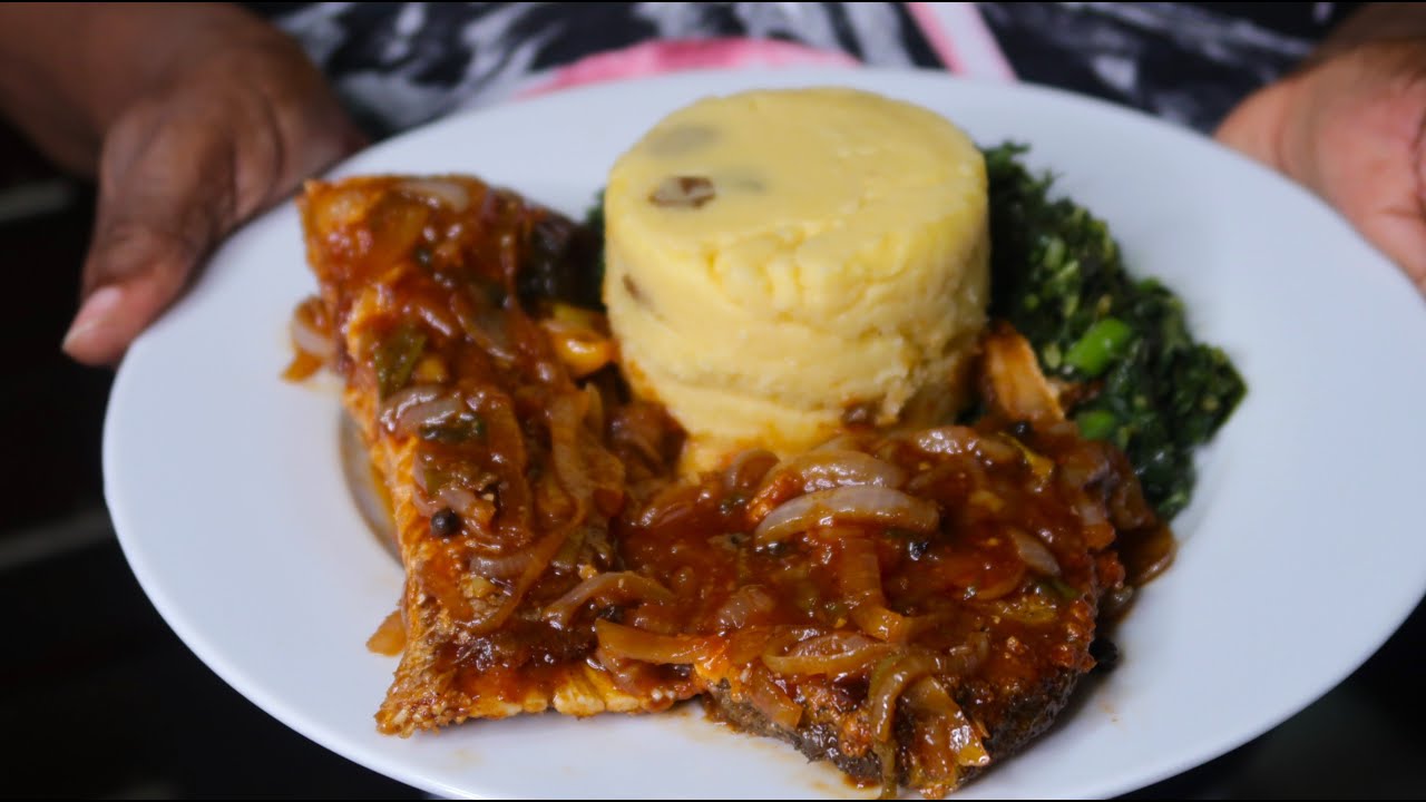 Smothered Brown Stew Sliced Fish with Tun Cornmeal (Polenta) - YouTube