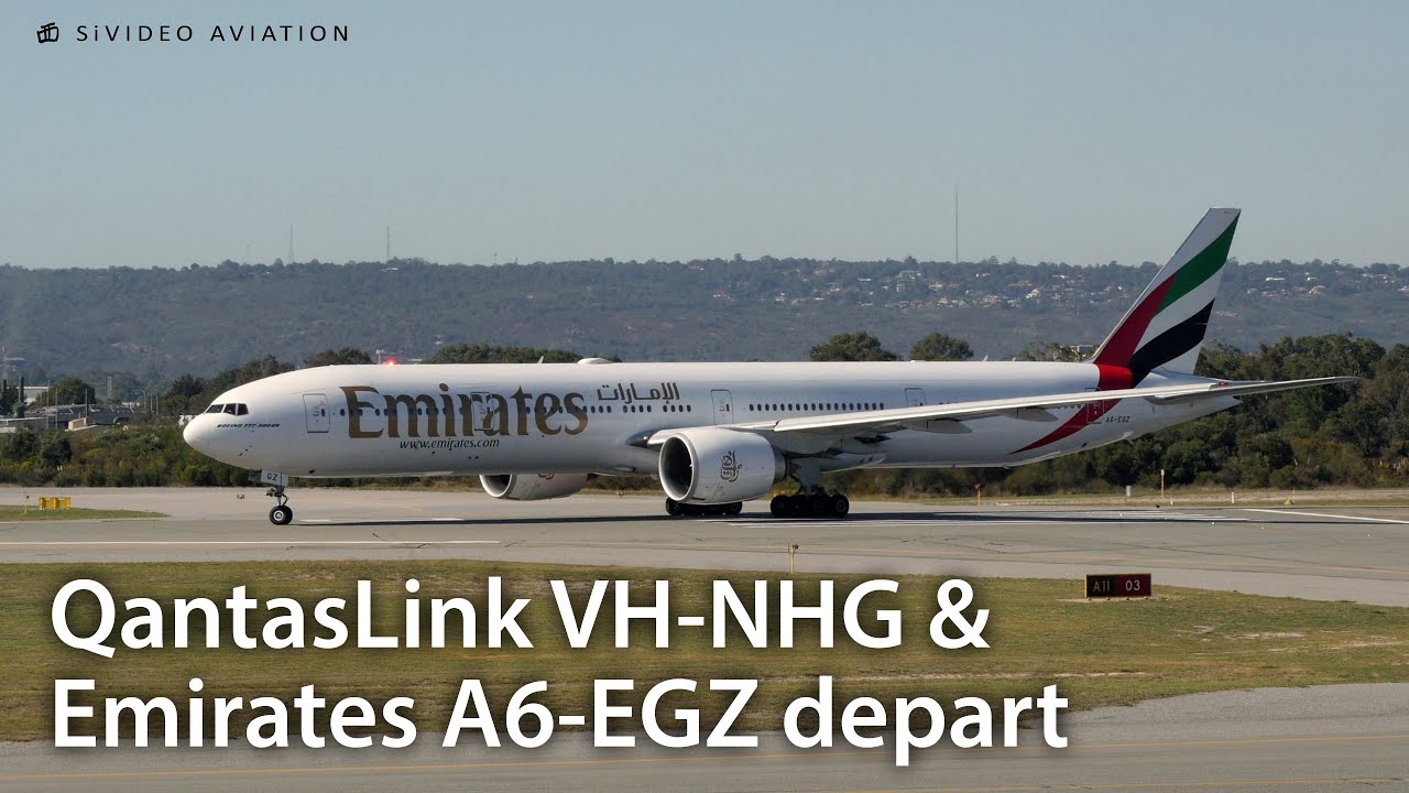 QantasLink (VH-NHG) and Emirates Airline (A6-EGZ) depart RW03 at Perth ...