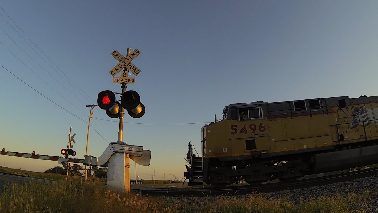 Griswold Signal at Sunset with Passing Trains on 9-3-2014 - YouTube