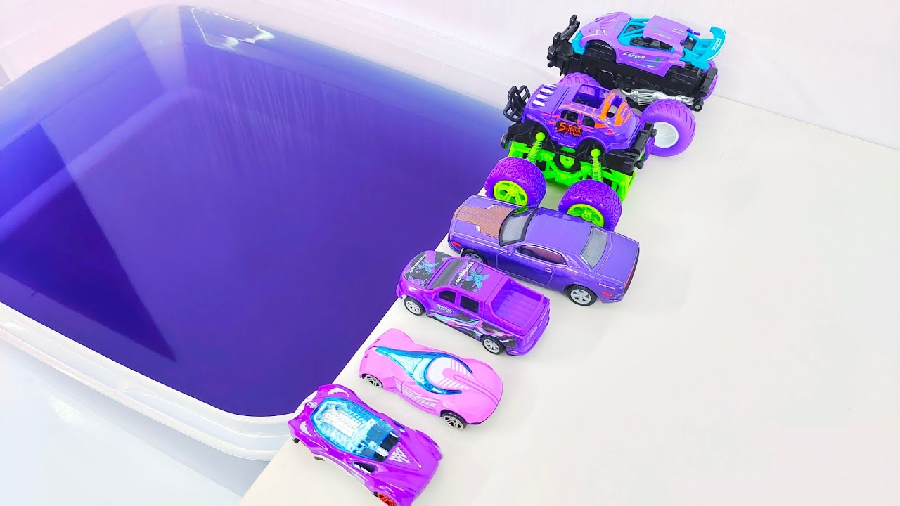 violet cars fall down to violet colour water tub - YouTube