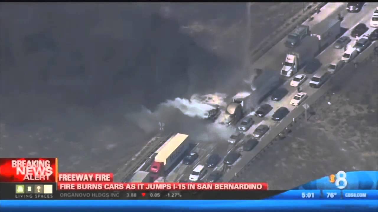 Cars In Flames As Fire Jumps Onto California Freeway - YouTube