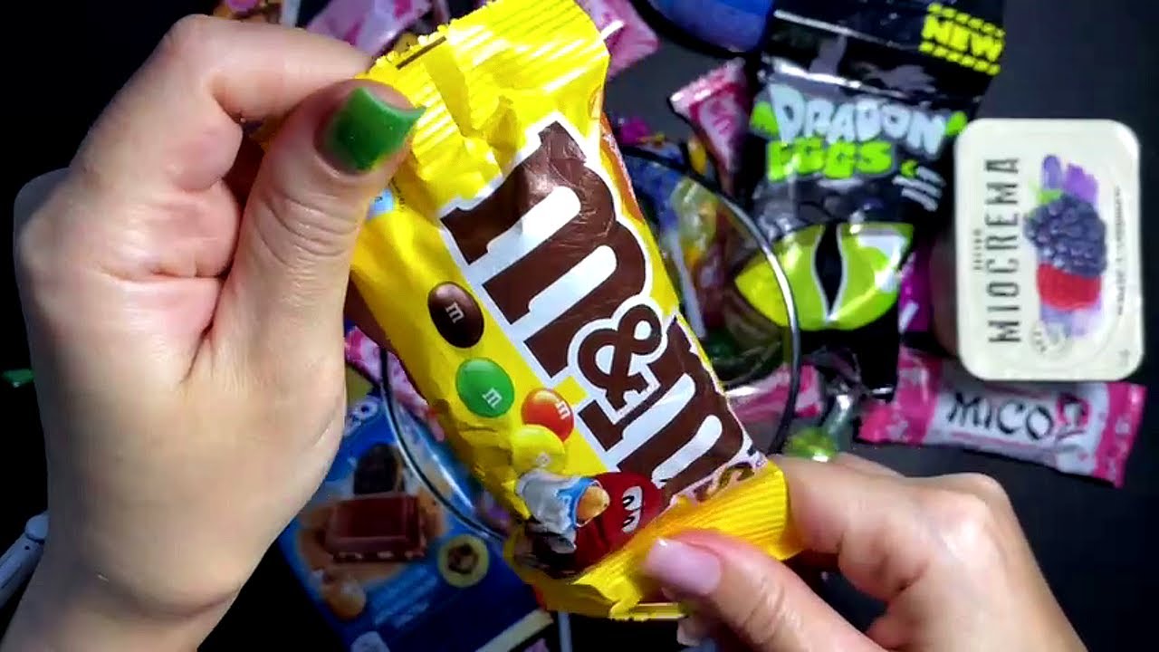 ASMR Unpacking M&M's with milk chocolate and peanuts, Skittles - YouTube