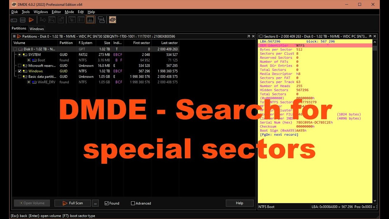 DMDE search for special sectors - YouTube