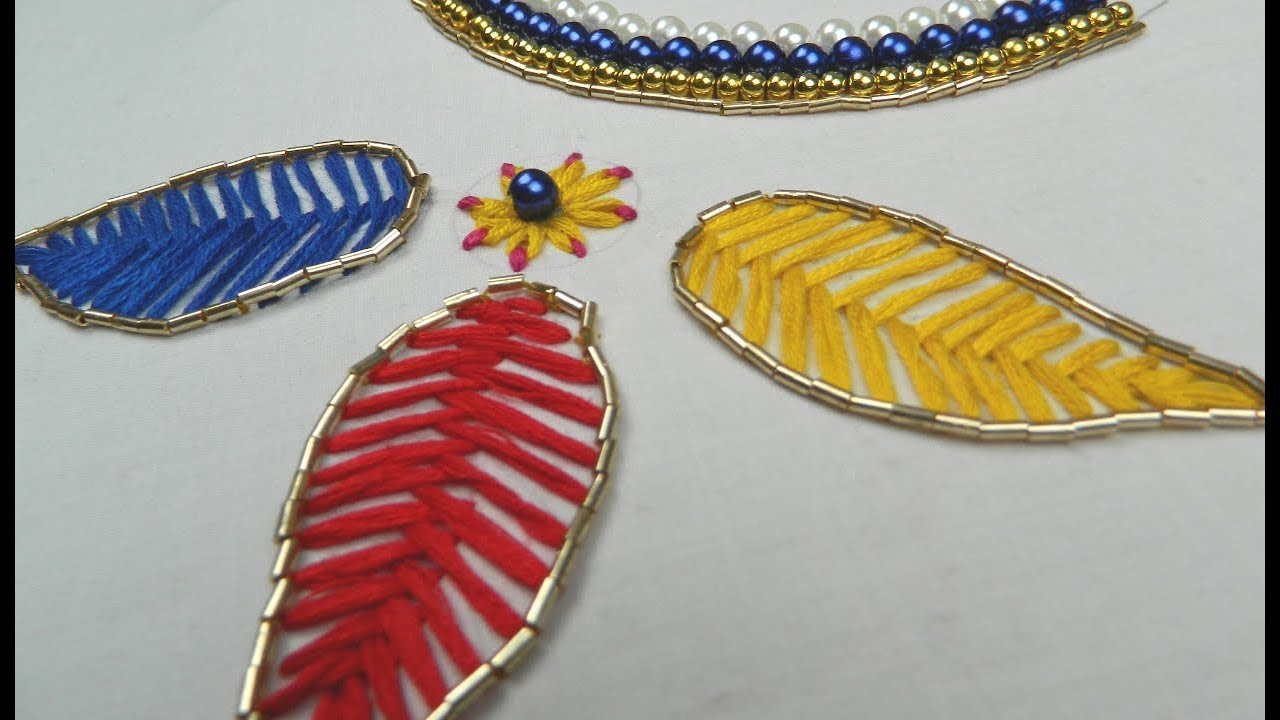 Fishbone Stitch Leaf Design hand embroidery beaded neck design beaded ...