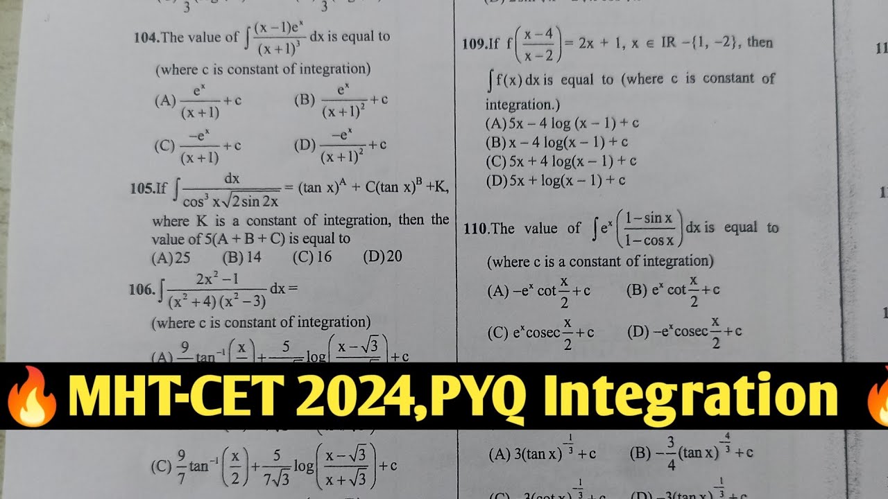 MHT-CET 2025 PYQ 2024 Exam Indefinite integration Lecture 2 Maths 2 - YouTube