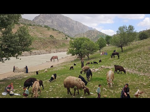 Nomadic life:single nomadic girls ruined tents by wild river Khersan lush nature of Zagros Mountains