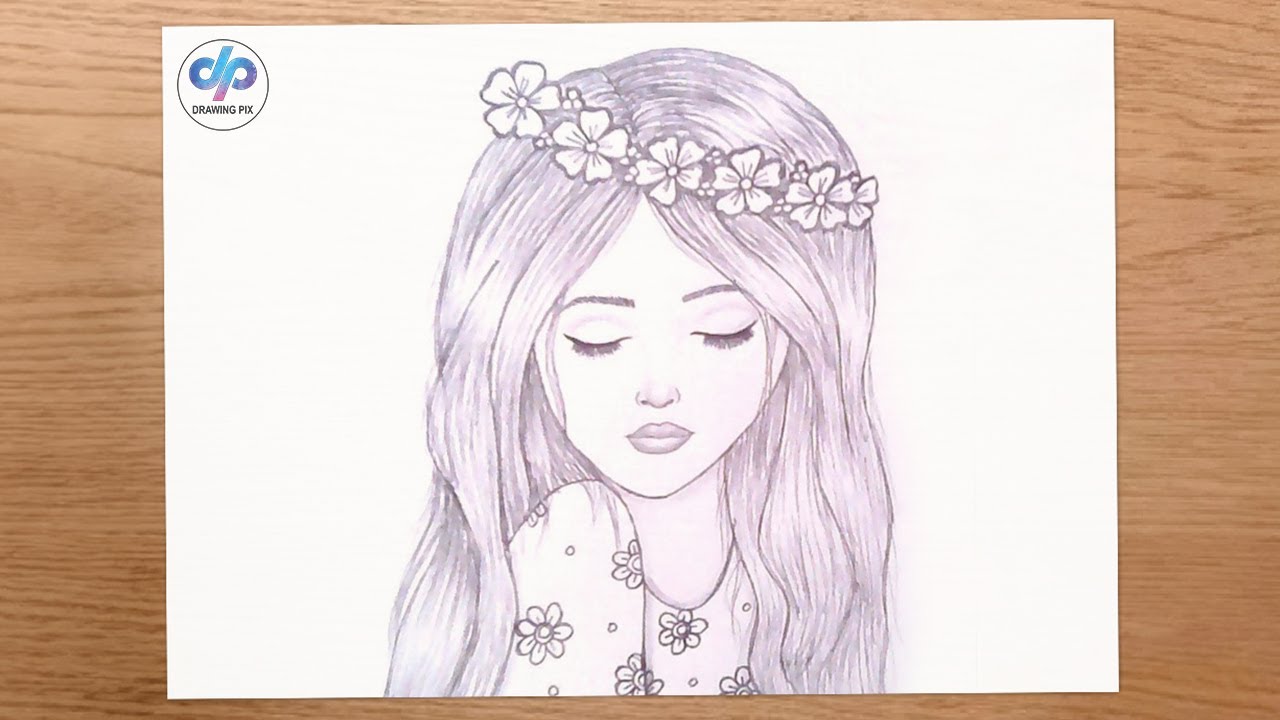 A Cute Girl with Floral Crown and Closed Eyes | Easy Drawing Tutorial ...