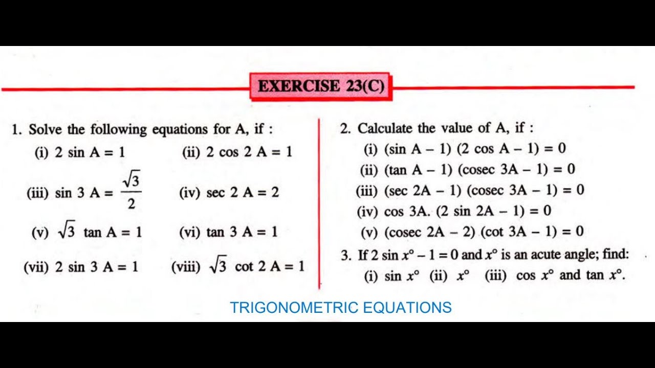 Ex23C Class 9 ICSE TRIGONOMETRY EQUATIONS SELINA Solutions concise ...