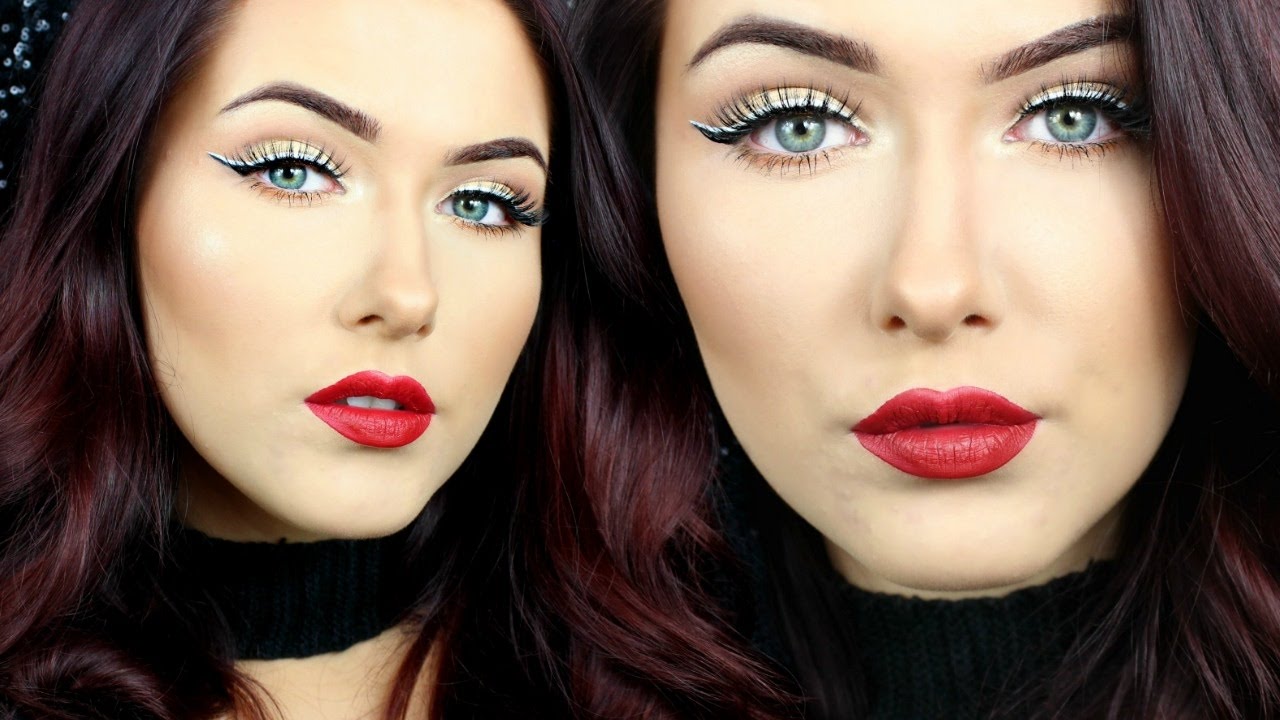 Pin Up Inspired Makeup | White Winged Liner & Red Lips ♡ - YouTube