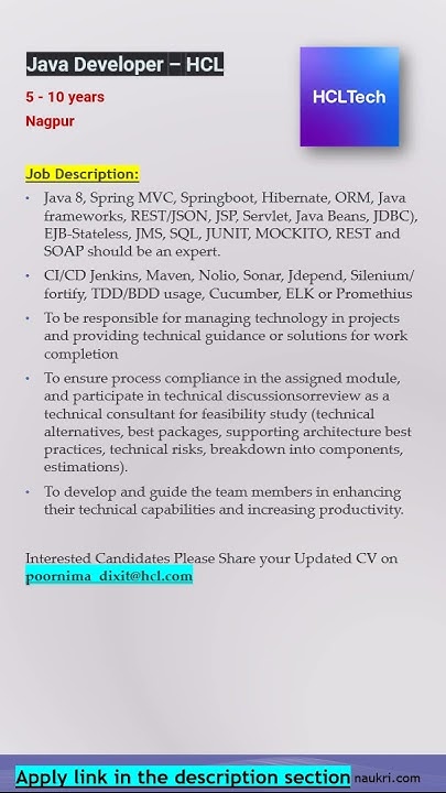 HCL | Java Developer | Nagpur | Full Stack, Springboot, Jenkins, Maven, Sonar #shorts #ytshorts ...