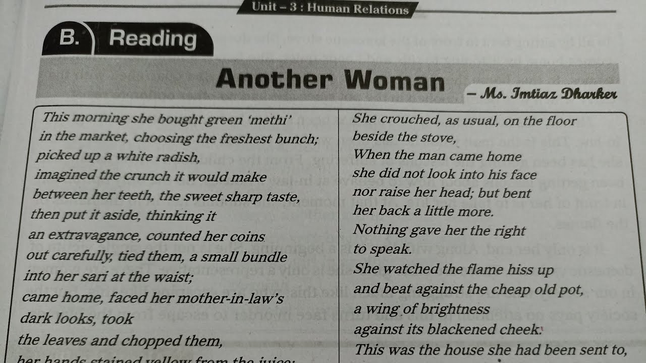Class 10th /English/Unit 3, Reading:B Another Woman (Poem) /Question ...