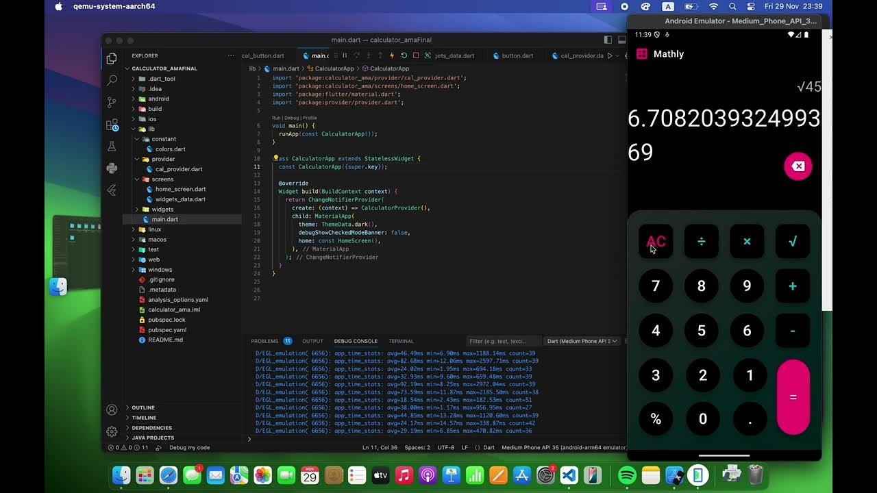 Flutter calculator - running on Android(Android Studio emulator) - YouTube