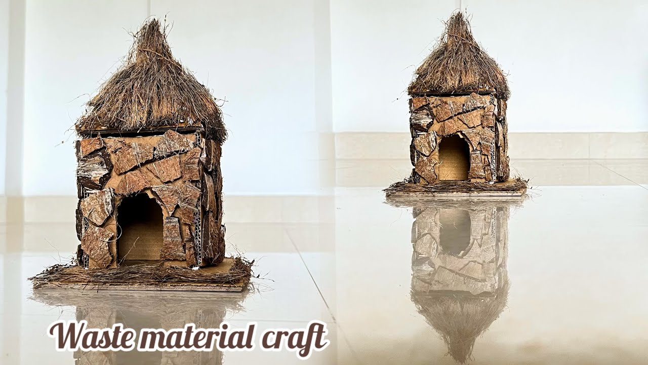 Waste material craft idea || Cardboard and coconut shells hut || Easy ...