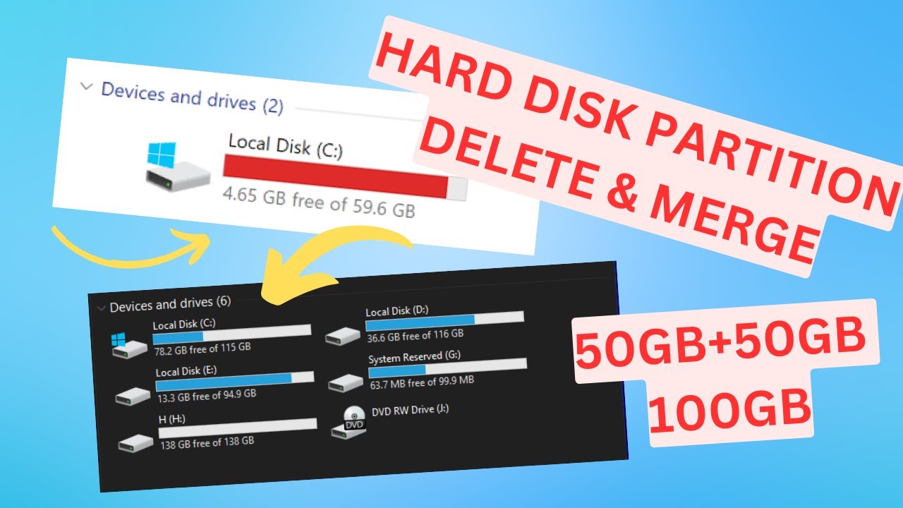 How To Disk Merge C And D Or E And H Delete And Create Partition In Windows 10 Youtube