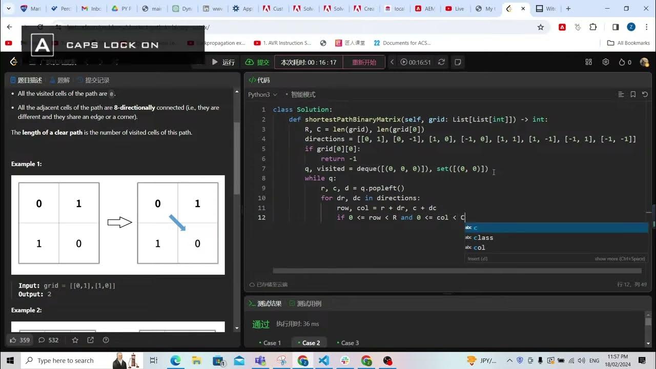 Leetcode 1091. Shortest Path in Binary Matrix (bfs) - YouTube
