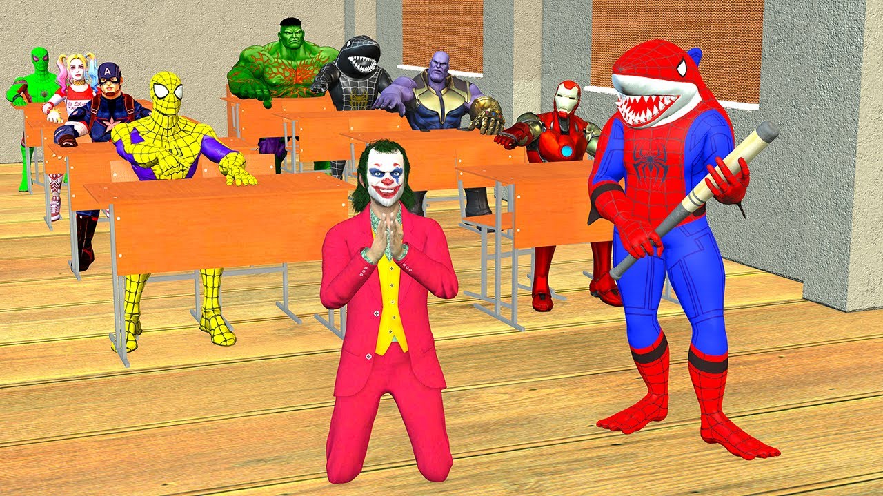 Superheroes Spiderman Go To School Prof Hulk, Shark Teacher, Sniper ...