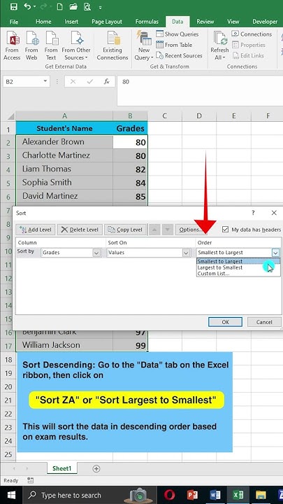 𝑬𝒙𝒄𝒆𝒍 𝑻𝒊𝒑𝒔: How to SORT DATA from HIGHEST to LOWEST GRADES and LOWEST to HIGHEST - YouTube