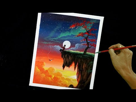 How to Paint a Boy Fishing in Moon Rise using Acrylics? / Time-lapse / JMLisondra