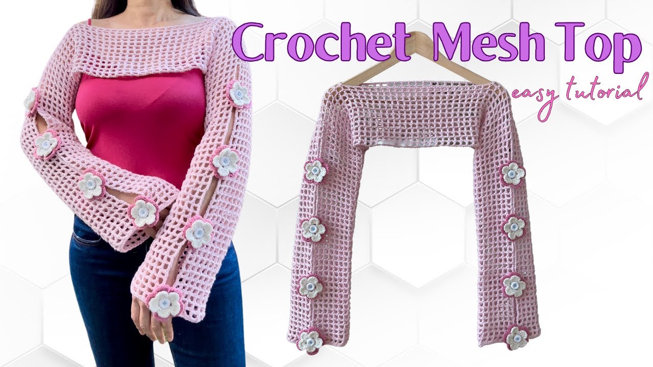 How to Crochet Fishnet Sleeves l Mesh Top l Bolero with flowers - YouTube