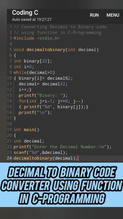 Decimal To Binary Code Converter In C Programming Decimaltobinary Code Beginners