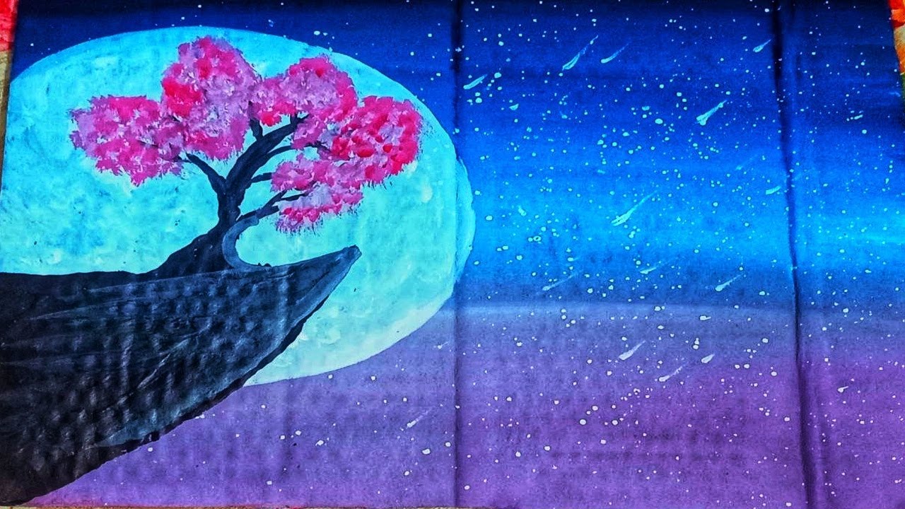 Acrylic Moonlight Night Painting / Easy Moonlight Night Drawing / Star ...