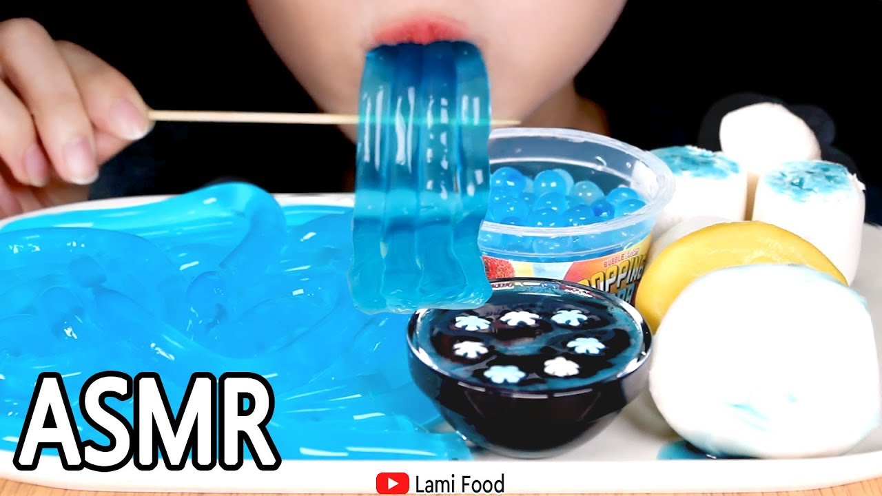 BLUE FOOD ASMR POPPING BOBA | BLUE JELLY | 파란색 음식 | 咀嚼音 | ブルーフードを食べる ...