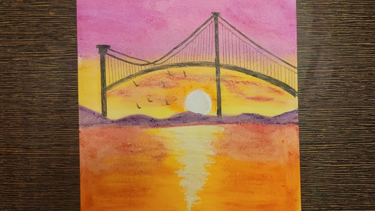 Oil pastel Sunset 🌇 Bridge 🌉 View Painting, Oil pastel Drawing - YouTube