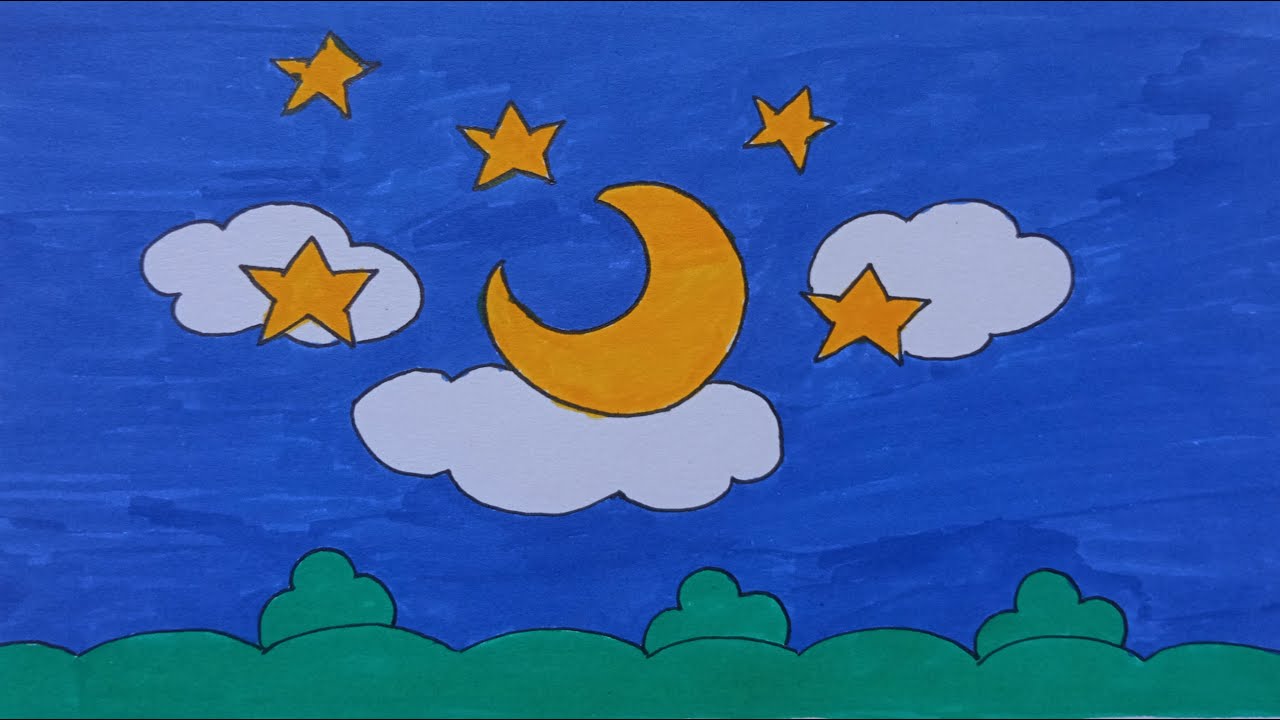 How To Draw simple Star Moon Clouds & Sky | Stars Moon Clouds step by ...