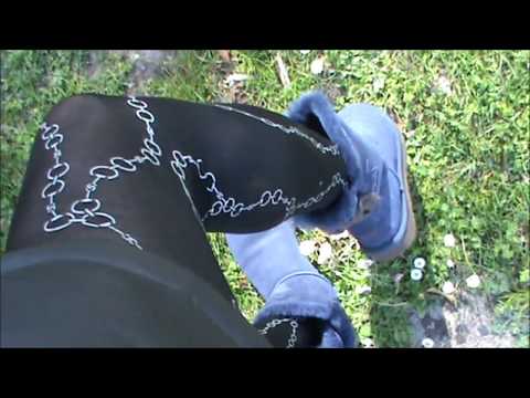 Walking with my blue Ugg Mini Bailey Knit Bow & black stockings