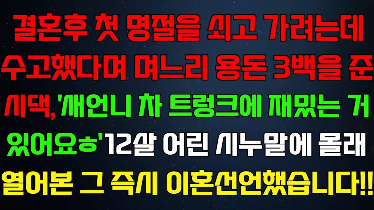 반전 신청사연 결혼후 첫명절 쇠고가려하자 며느리 용돈3백을 준 시댁새언니 차트렁크에 재밌는거 있어요시누말에 열어본즉시