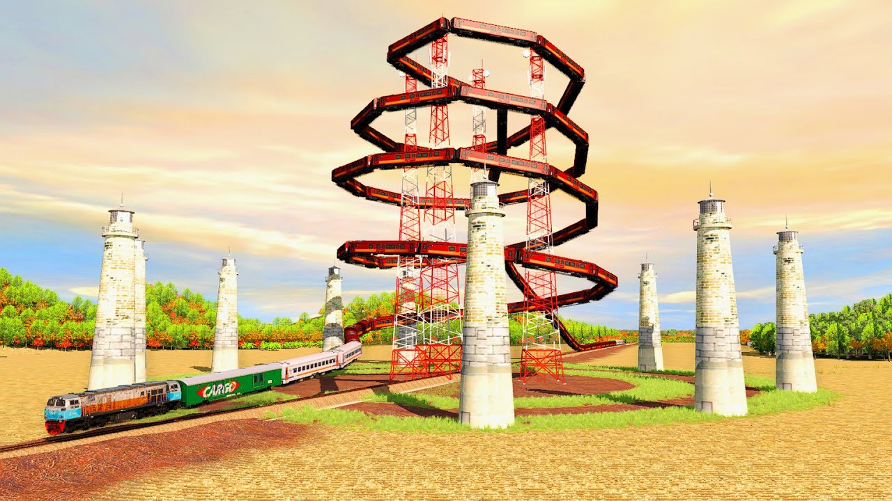LONG COLORFUL TRAINS JUMP AND FLYING SPIRAL AROUND TOWERS AND LIGHTHOUSE CROSSING-Trainz ...