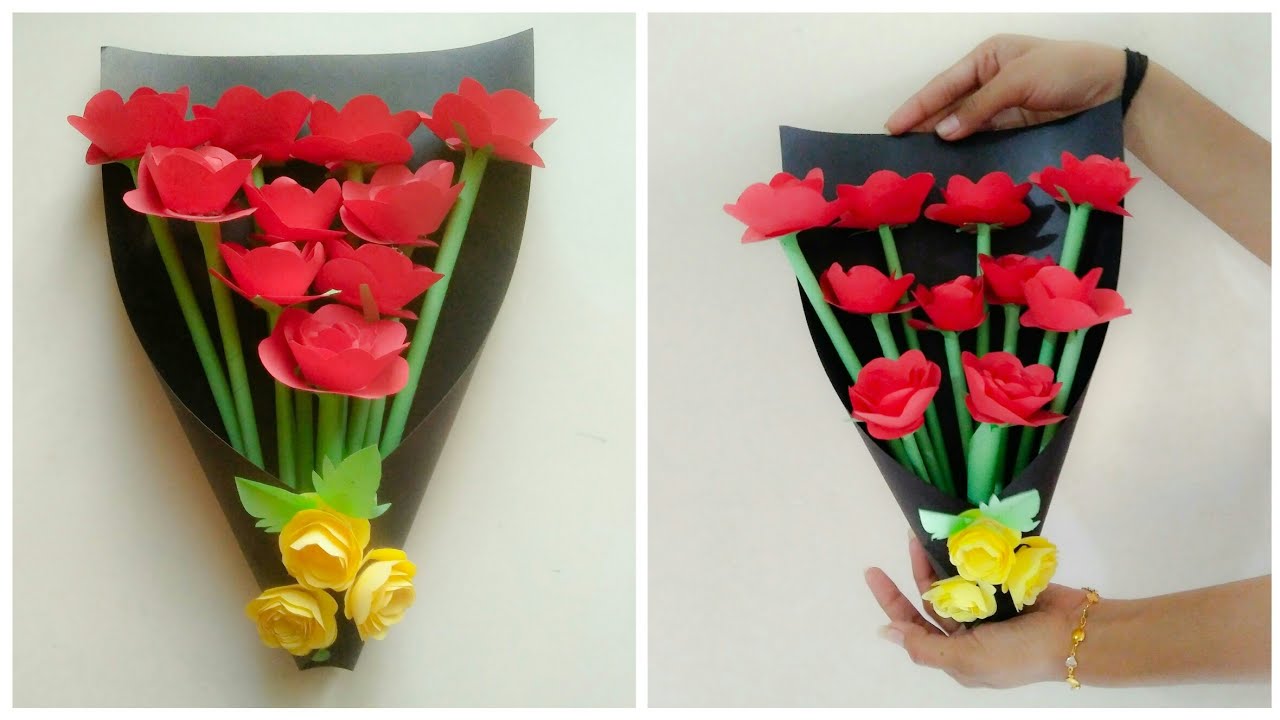 How to Make paper Flower rose bouquet || rose day special rose bouquet ...