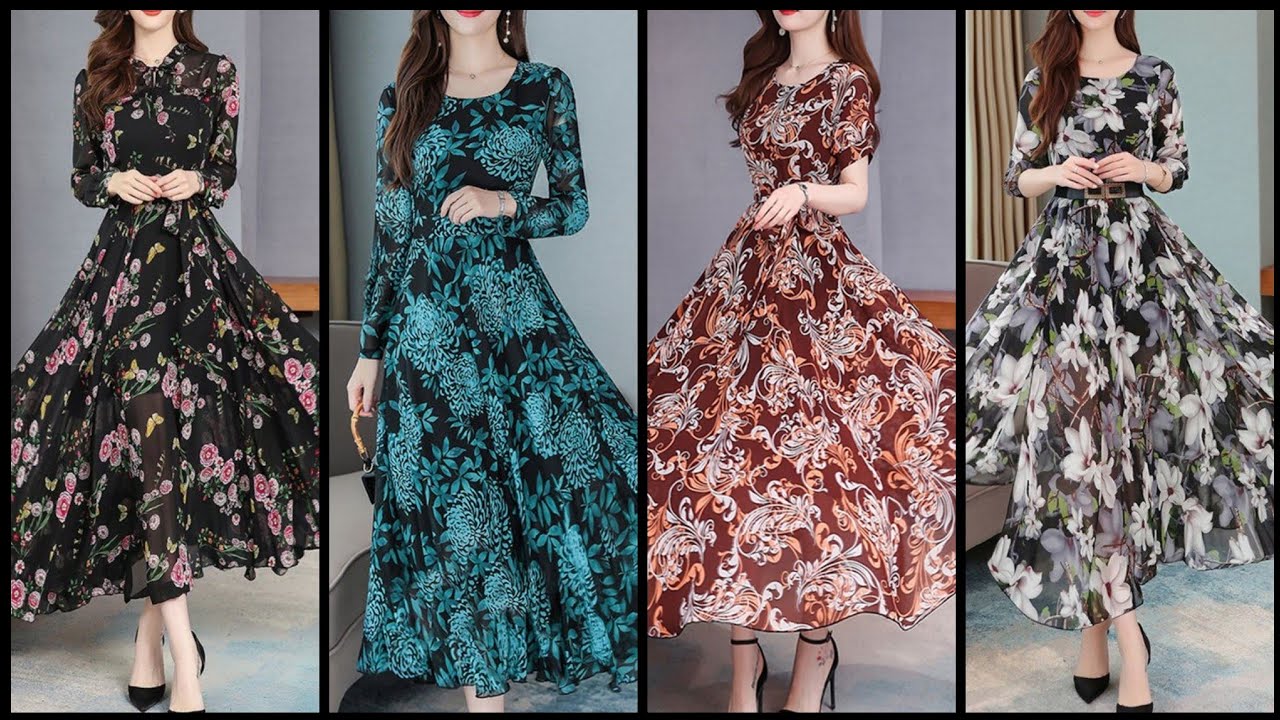 Most Attractive Charming And Trendy Floral Print Chiffon Long Maxi ...