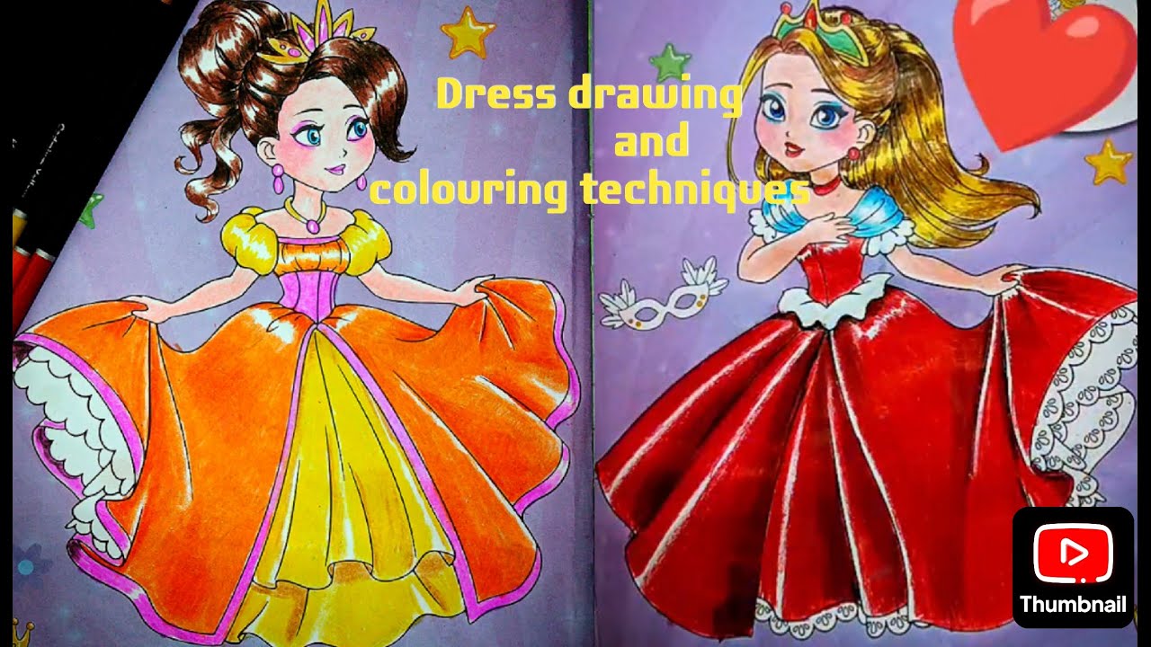 Princess dress drawing and colouring and shading techniques - YouTube