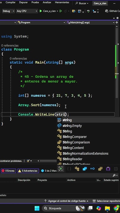 45 - Ordena un array de enteros de menor a mayor en C# - YouTube