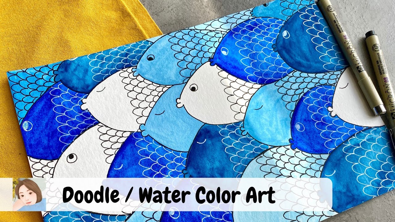 Doodle + Water Color [ School Of Fish ] Beginners Friendly Time Lapsed ...