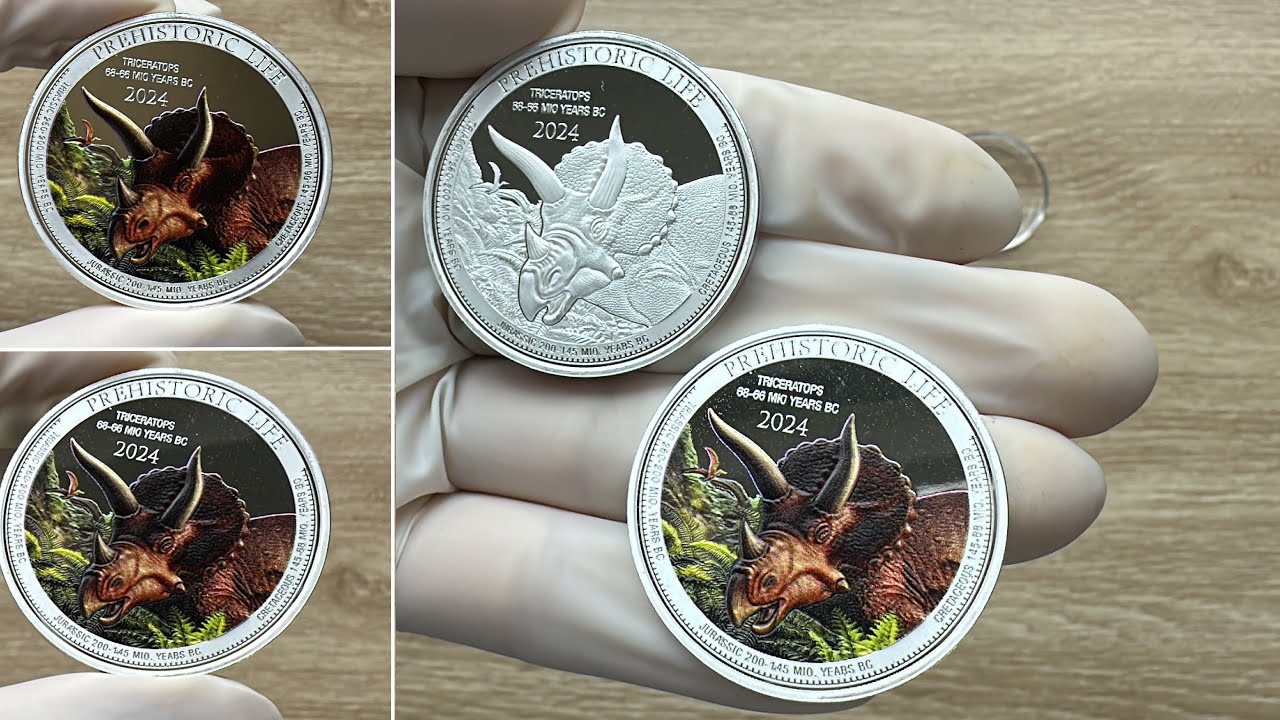 TRICERATOPS Prehistoric Life Coloured 1 Oz Silver Coin 20 Francs Congo ...