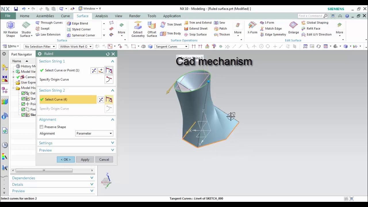 siemens nx tutorials how to use ruled command - YouTube