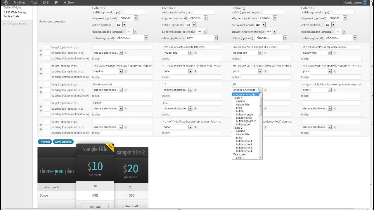 CSS3 Responsive Web Pricing Tables Grids For WordPress: Admin panel - YouTube