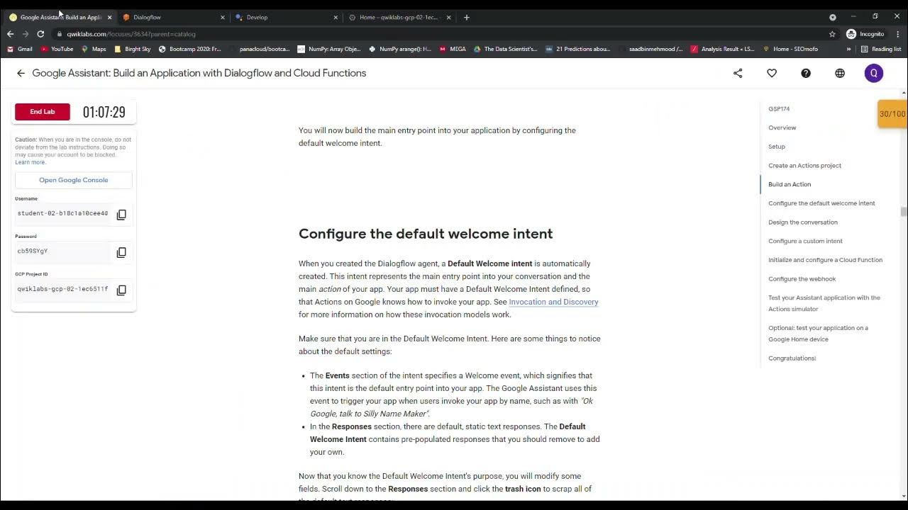 Google Assistant: Build an Application with Dialogflow and Cloud Functions | GSP174 | QWIKLABS ...