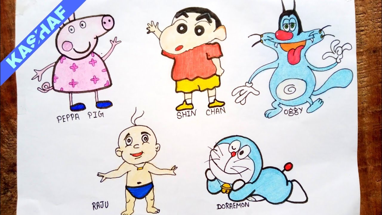 How To Draw FIVE CARTOON CHARACTERS / PEPPA PIG, OGGY, SHINCHAN, RAJU ...