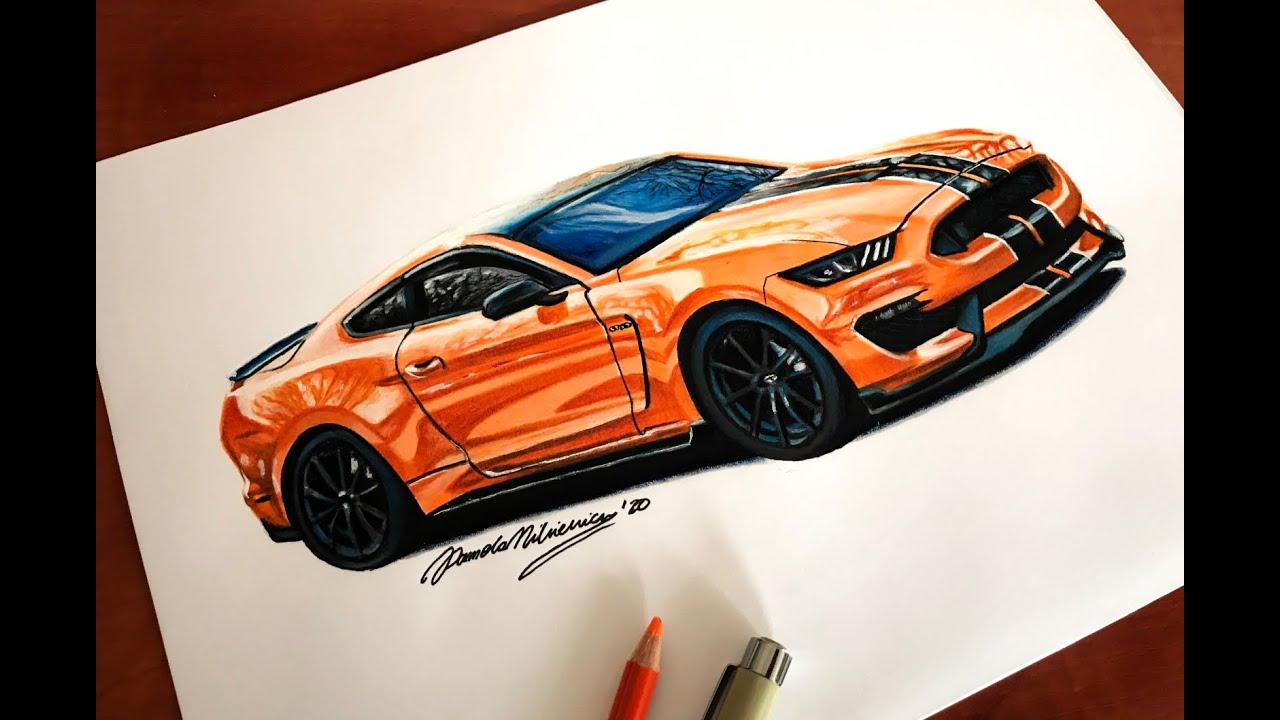 How to draw Mustang GT - realistic car drawing step by step - mixed ...