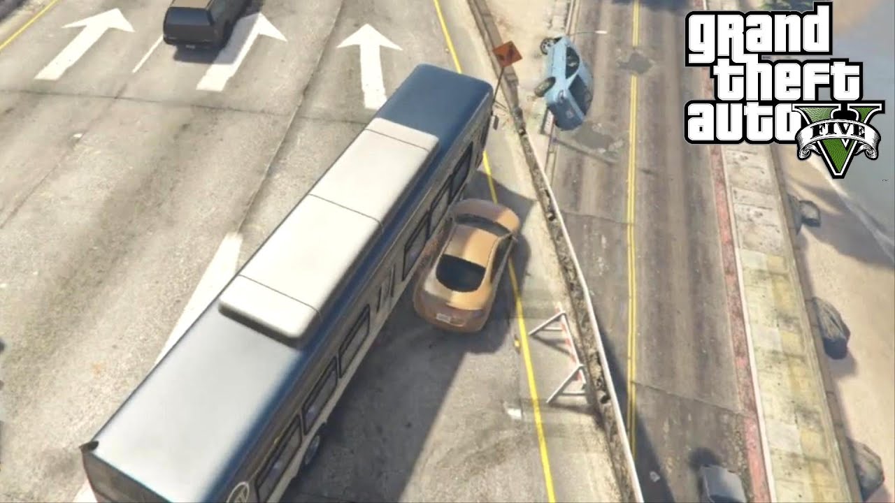 Grand Theft Auto NPCs drive off overpass and cause cars chain reaction ...