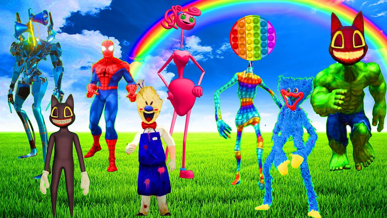 Siren head megaphone Deadpool Spider man and Cartoon cat Huggy Wuggy ...