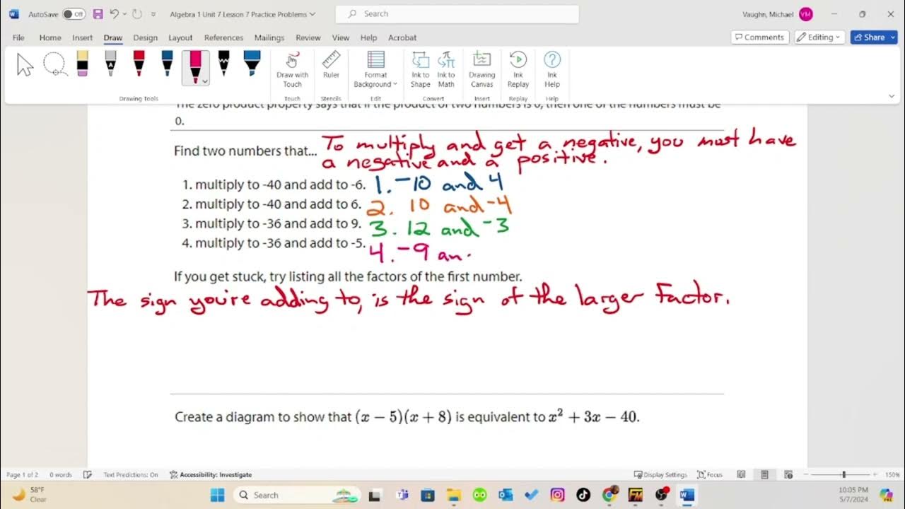 Algebra 1 Unit 7 Lesson 7 Practice Problems - YouTube